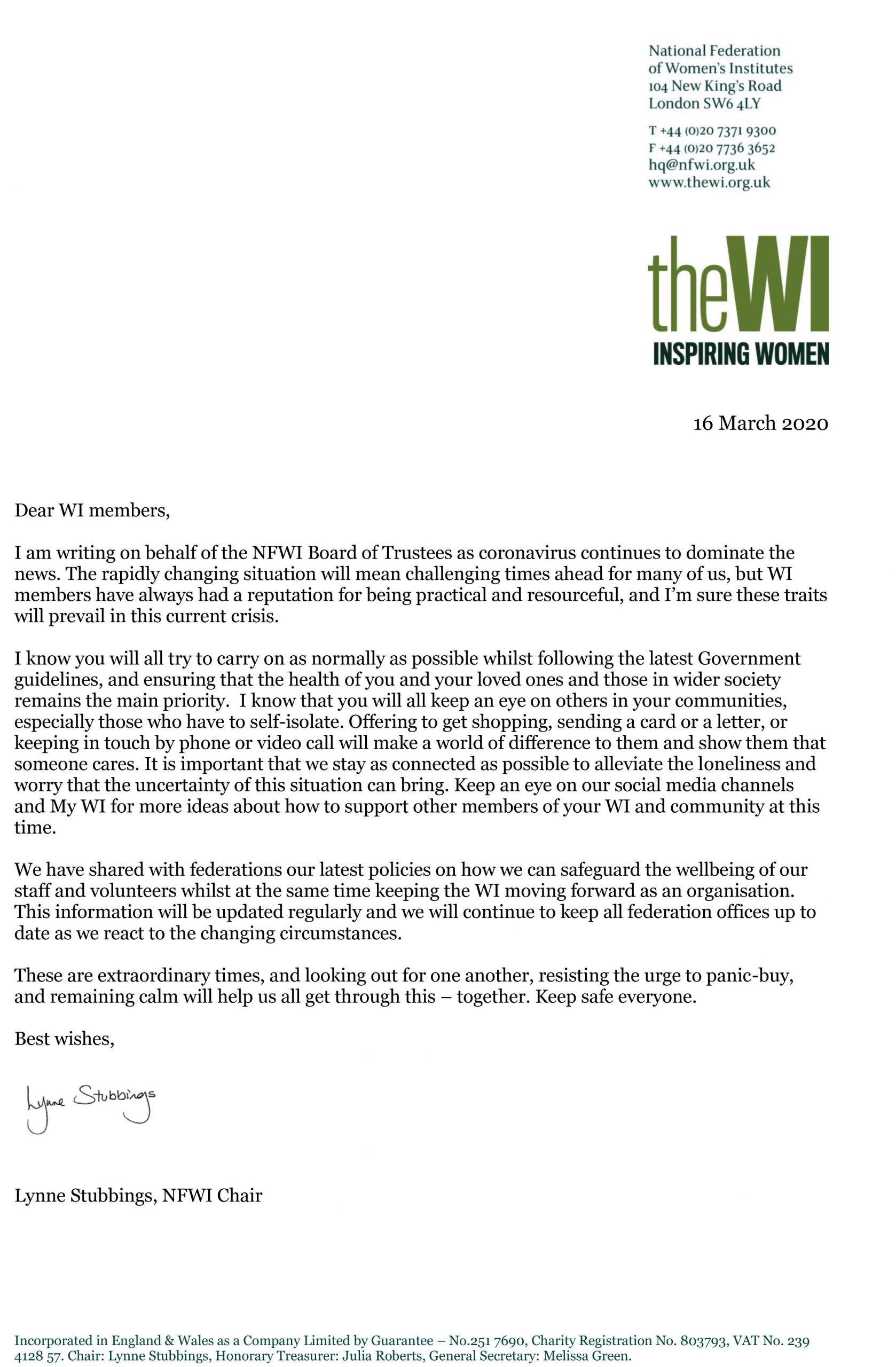 NFWI Letter re: Coronavirus – CORNWALL FEDERATION OF WOMEN'S INSTITUTES