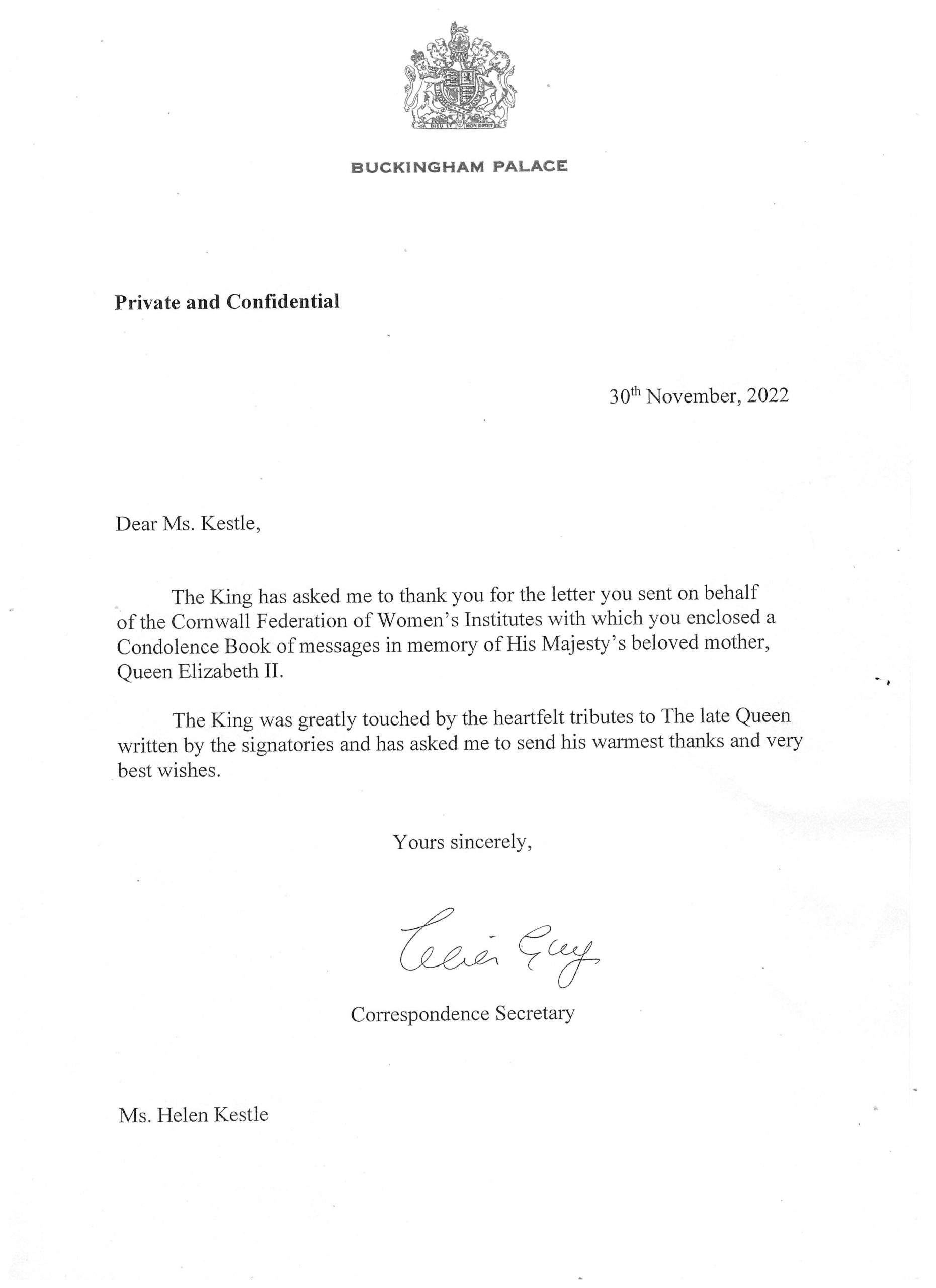 Some Royal Correspondence – CORNWALL FEDERATION OF WOMEN'S INSTITUTES